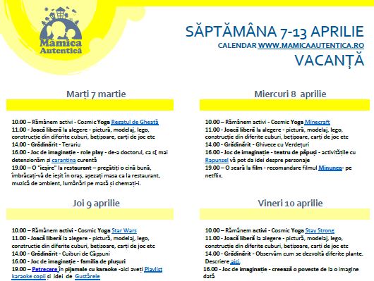 Calendar de vacanță 7-13 aprilie #StămAcasă – Mămica Autentică