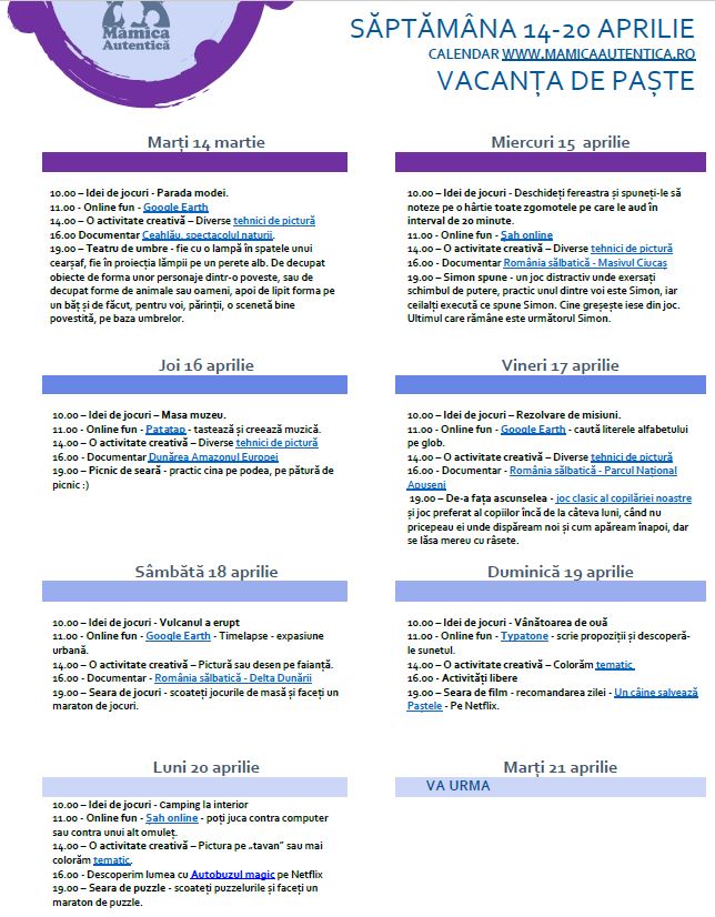 Calendar de vacanță 14-20 aprilie #StămAcasă de Paște – Mămica Autentică
