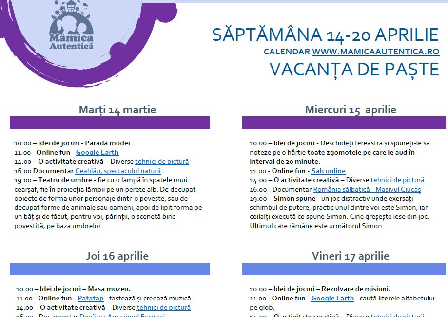 Calendar de vacanță 14-20 aprilie #StămAcasă de Paște – Mămica Autentică